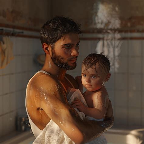 Dad Holds His Daughter In His Arms After The First Bath Premium Ai