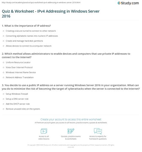 Quiz Worksheet IPv4 Addressing In Windows Server 2016 Study Com