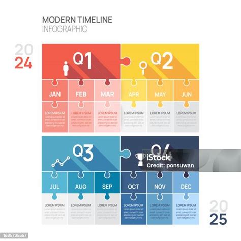 비즈니스 로드맵 타임라인 인포그래픽 퍼즐 템플릿입니다 현대 이정표 타임 라인 다이어그램 달력 및 4 분기 주제 벡터 인포 그래픽에 사용할 수 있습니다 다이어그램에 대한 스톡