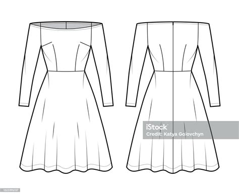 드레스 오프 숄더 바르도 테크니컬 패션 일러스트와 긴 소매 몸에 장착 무릎 길이 세미 원형 스커트 0명에 대한 스톡 벡터 아트 및 기타 이미지 Istock