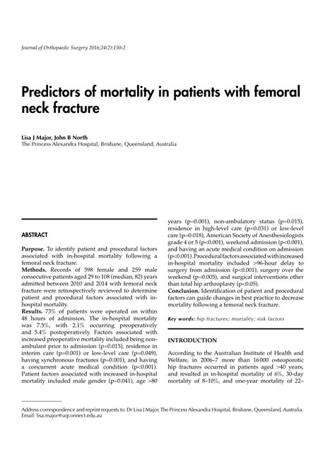 Pdf Predictors Of Mortality In Patients With Femoral Neck Fracture