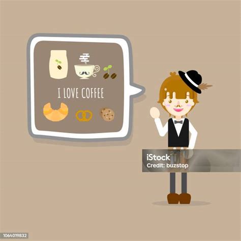 쿠키 크로 꽈 배기 커피 바리 스타 남성 앞치마 나 갈색 배경 평면 벡터 일러스트 만화 캐릭터 의상에서에서 커피를 사랑 하는