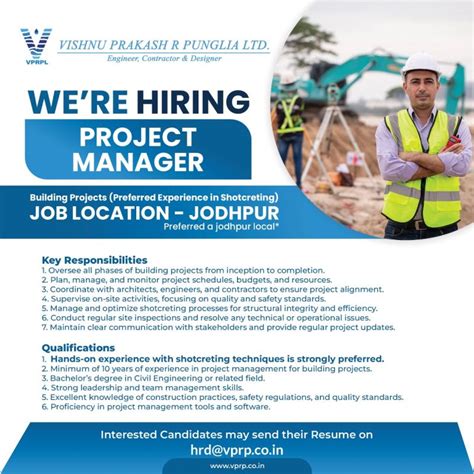 Hiring Project Manager Jodhpur Hiring Vishnu Prakash R Punglia Limited