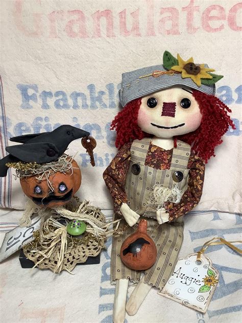 Prim Scarecrow Doll Auggie With Crow And Pumpkin Halloween Decoration Etsy