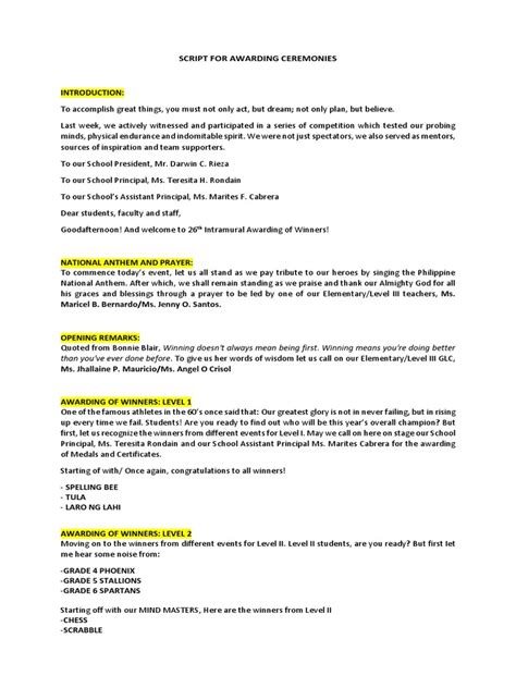 Script For Awarding Ceremonies Level Ii Pdf