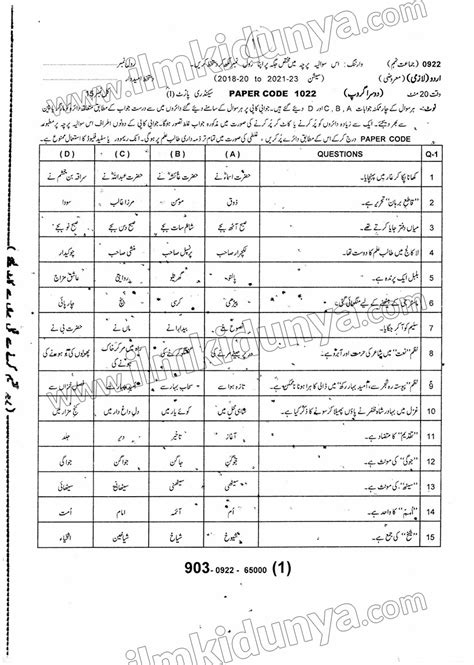 Past Paper 2022 Sargodha Board 9th Class Urdu Compulsory Group Ii Objective