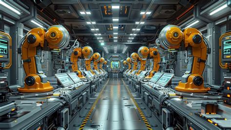 Futuristic Industrial Robot Arms In A High Tech Manufacturing Facility Stock Illustration