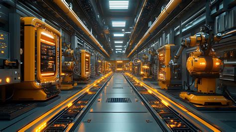 Futuristic Factory Corridor Robots Working Automated Production Line Glowing Lights