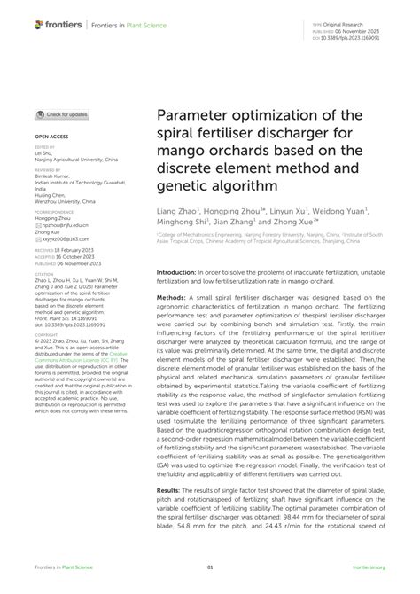 pdf parameter optimization of the spiral fertiliser discharger for mango orchards based on the