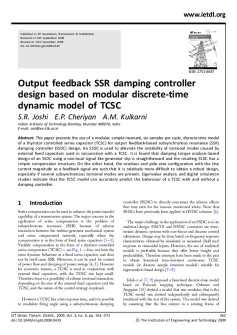 Pdf Output Feedback Ssr Damping Controller Design Based On Modular