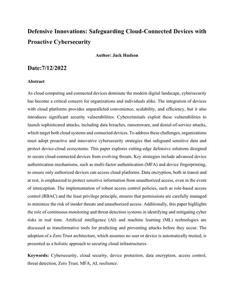 Pdf Defensive Innovations Safeguarding Cloud Connected Devices With Proactive Cybersecurity