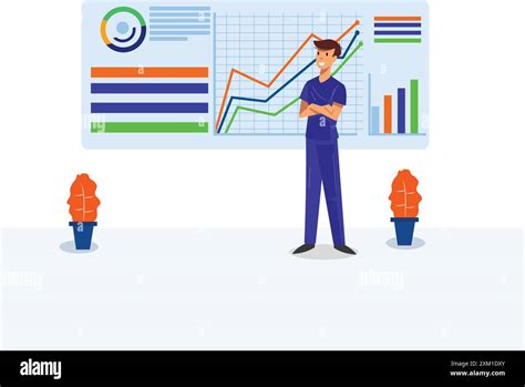 Flat Illustration Of Data Analyst Project Giving Presentation With Financial Graph On Board