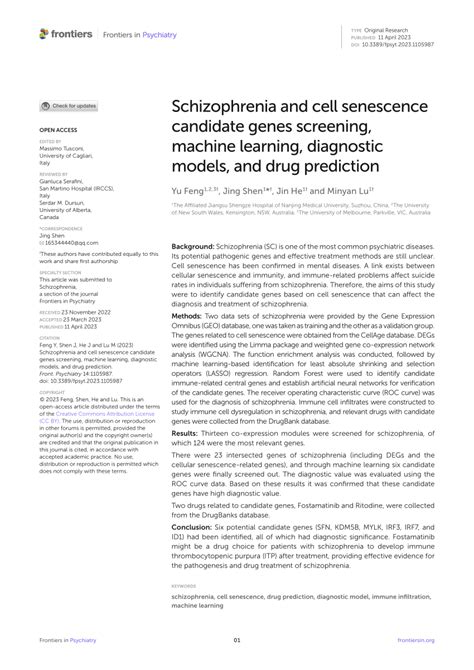 Pdf Schizophrenia And Cell Senescence Candidate Genes Screening Machine Learning Diagnostic