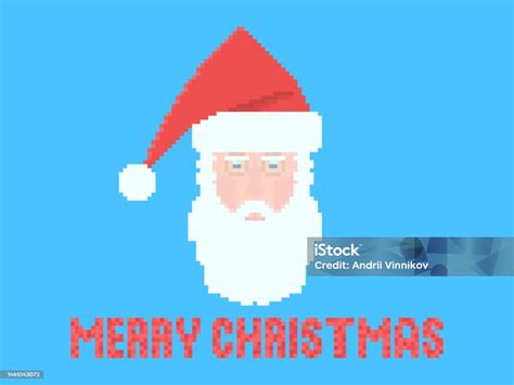 픽셀 아트 스타일의 산타클로스 8비트 그래픽이 있는 복고풍 스타일의 모자를 쓴 산타클로스의 픽셀화된 얼굴 인사말 카드 포스터 및 배너에 대 한 크리스마스 디자인입니다 벡터
