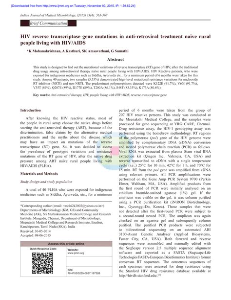 Pdf Hiv Reverse Transcriptase Gene Mutations In Anti Retroviral