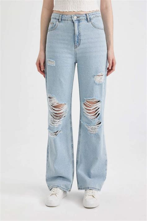أزرق حريمي بنطلون جينز وايد ليج بتفاصيل ممزقة وخصر عالي 3073583 Defacto