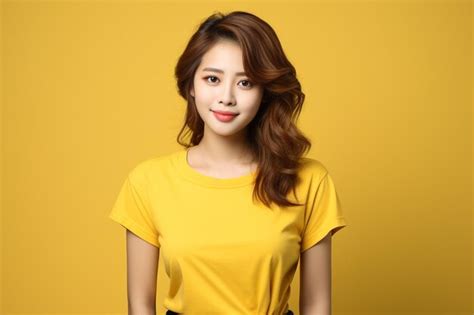 Premium Photo Asian Woman Wearing Yellow Tshirt Smiling On Yellow