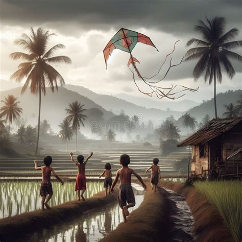 изображение деревенских детей летающих на воздушном змее вокруг своего поля риса Иллюстрация