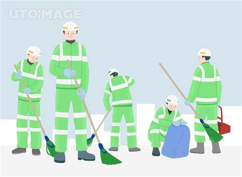 고맙습니다 005 Sill512 유토이미지 일러스트 희망 단체 남자 웃음 미소 행복 환경미화원 청소부 빗자루 안전모 청소도구 건물 쓰레기봉투