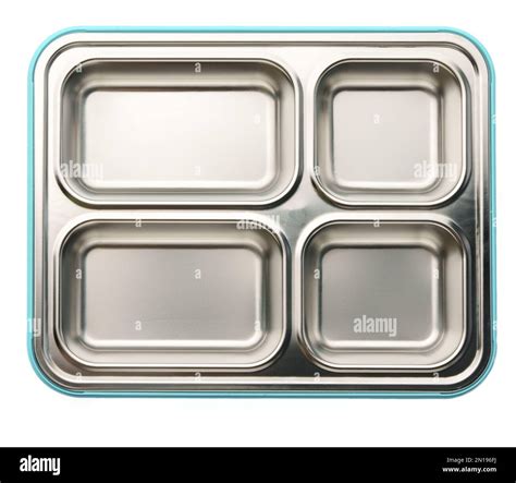 Empty Lunch Box With Metal Compartments Isolated On White Background