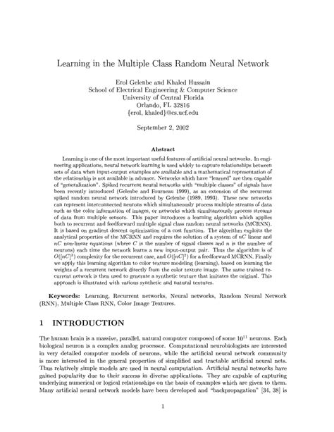 Pdf Learning In The Multiple Class Random Neural Network