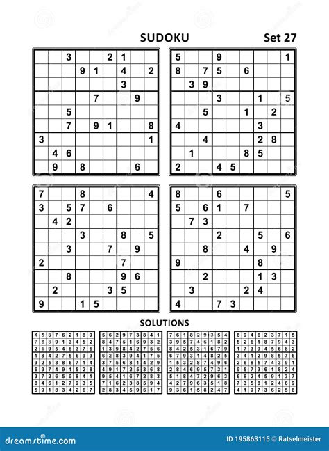 four sudoku games with answers of medium level set 27 stock vector