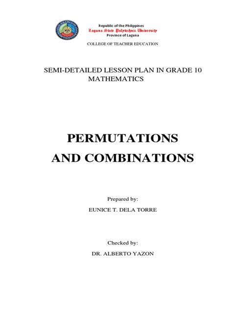 Lesson Plan In Permutation And Combination Pdf Lesson Plan