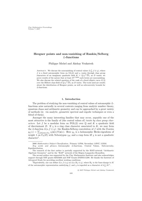 Pdf Heegner Points And Non Vanishing Of Rankin Selberg L Functions
