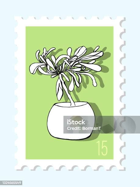 벡터 아름다운 손으로 그린 녹색 포스트 스탬프 현대 벡터 절연 포스트 스탬프 디자인 벡터 일러스트 홈 식물 흑백 스탬프를