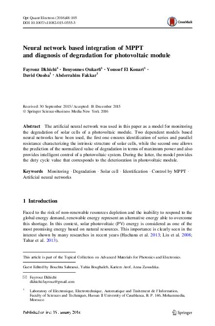 Pdf Neural Network Based Integration Of Mppt And Diagnosis Of Degradation For Photovoltaic Module