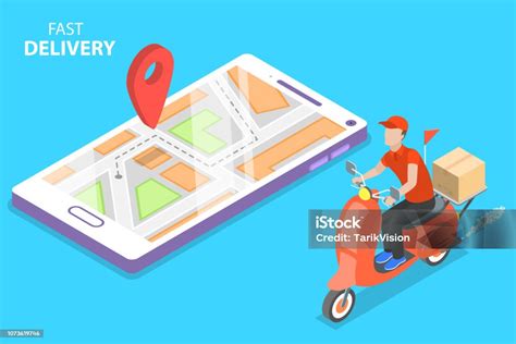 등각 투영 평면 벡터 개념의 스쿠터 택배 서비스 상품 배송 음식 온라인으로 배달 주문 가정 생활에 대한 스톡 벡터 아트 및 기타