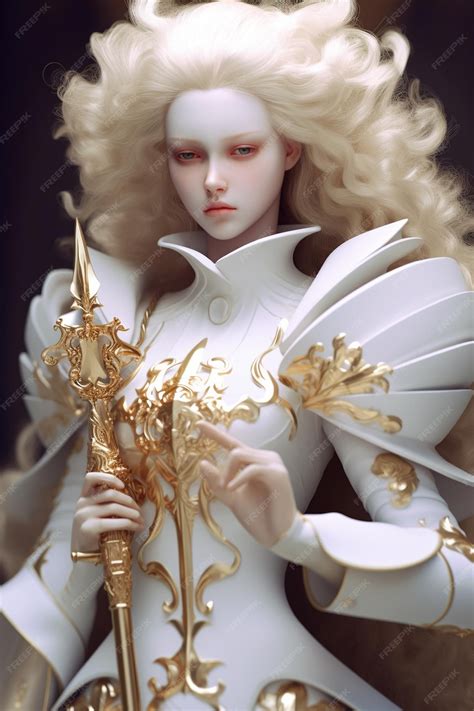 Premium Ai Image A Female Model In A White Dress With A Gold And