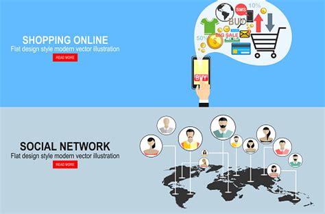 소셜 네트워크 벡터 개념입니다 웹 사이트 인포그래픽 디자인을 위한 플랫 디자인 일러스트레이션 통신 시스템 및 기술ecommerse 온라인 상점 플랫 배너 개념에 대한 스톡