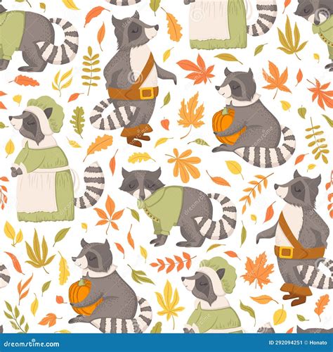 Vector Seamless Pattern With Cute Hand Drawn Cartoon Raccoons Autumn