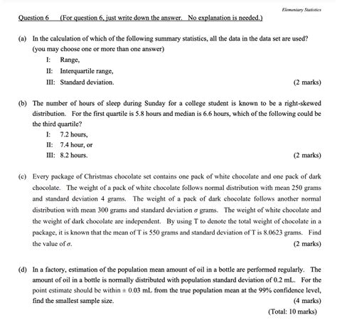 Solved Elementary Statistics Question 6 For Question 6 Chegg Com