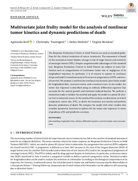 Pdf Multivariate Joint Frailty Model For The Analysis Of Nonlinear Tumor Kinetics And Dynamic