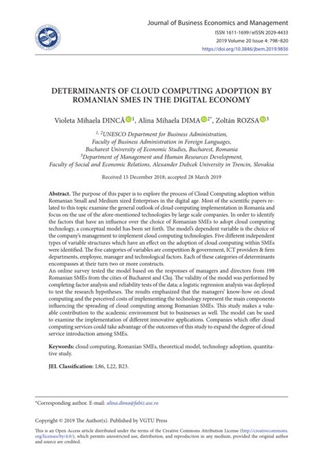 Pdf Determinants Of Cloud Computing Adoption By Romanian Smes In The Digital Economy
