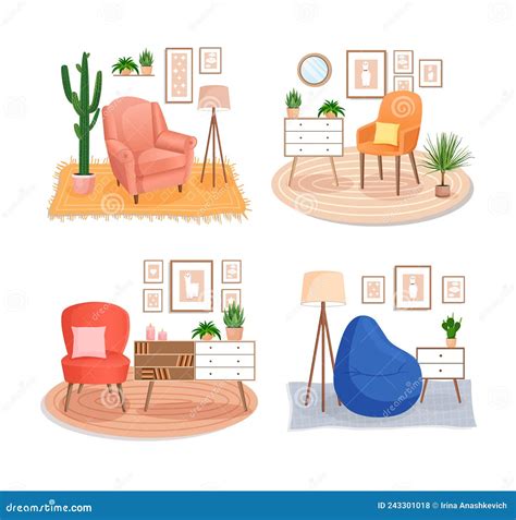 Set Of Cute Interiors With An Chair Cute Interior With Modern Furniture And Plants Living Room