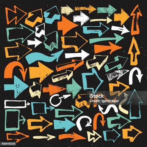 화살표 큰 다채로운 세트 핸드 드로잉입니다 그런 지 펜 브러시 그래픽 텍스처 칠판 배경 0명에 대한 스톡 벡터 아트 및 기타 이미지 0명 낙서 드로잉 디자인 Istock
