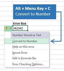 Excel Keyboard Shortcuts For The Menu Key Right Click Context Menu Convert Text To Numbers