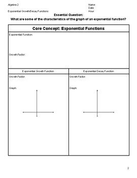 Algebra Exponential Growth And Decay Functions Guided Notes W Key