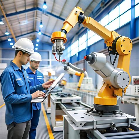 A Worker In A Factory Setting Operates A Robotic Arm With A Laptop Showcasing The Integration Of