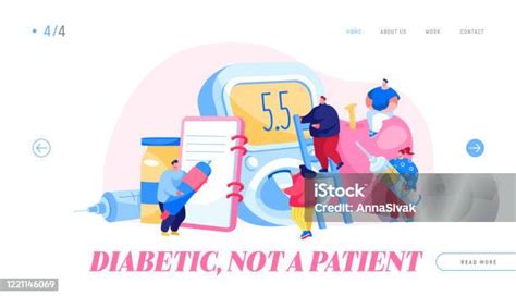 당뇨병 질환 방문 페이지 템플릿입니다 혈액에 높은 설탕 수준작은 문자 인슐린 주입을 가진 작은 질병 처리 규정식 통제 치료 만화 사람 벡터 일러스트 개념에 대한 스톡 벡터