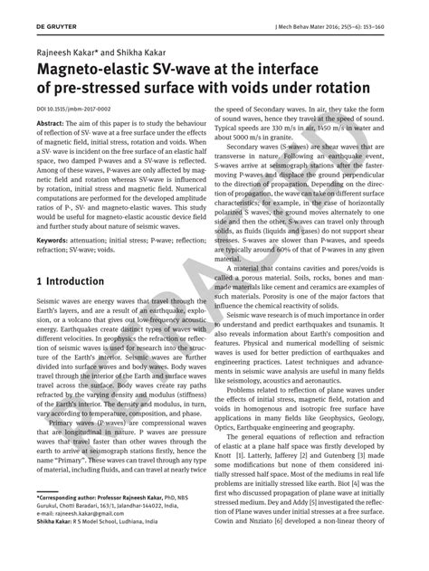 Pdf Magneto Elastic Sv Wave At The Interface Of Pre Stressed Surface
