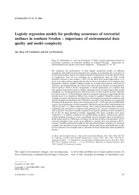 Pdf Logistic Regression Models For Predicting Occurrence Of