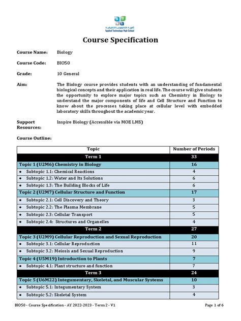 Bio50 Course Specification Ay2022 2023 Term2 V10 Pdf Pdf Meiosis