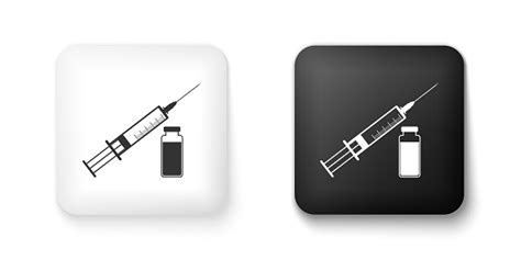 흰색 배경에 고립 된 바늘과 유리병 또는 앰플 아이콘이있는 흑백 의료 주사기 예방 접종 주사 백신 인슐린 개념 정사각형