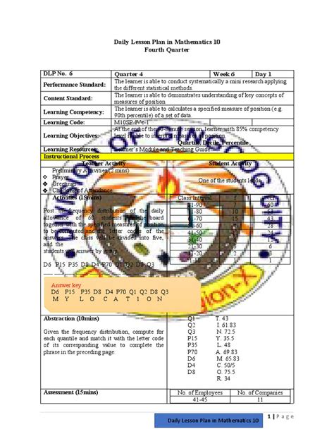 Lesson Plan In Grade 10 Mathematics Week 6 Download Free Pdf Percentile Learning