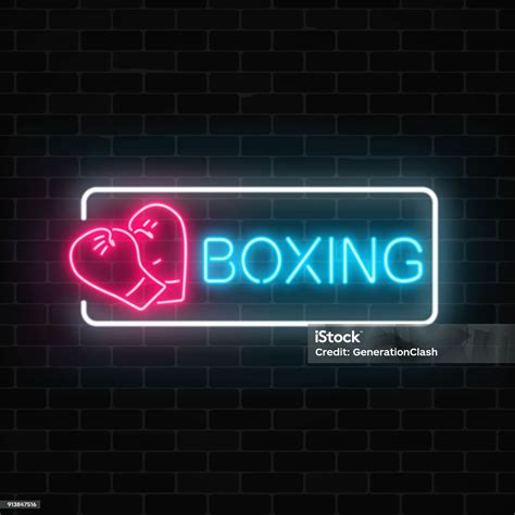 권투 클럽 어두운 벽돌 벽 바탕에 사각형 프레임에 표시 되는 빛나는 네온 싸움 클럽 네온 간판 간판에 대한 스톡 벡터 아트 및