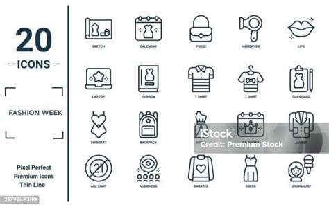 패션 위크 선형 아이콘 세트입니다 얇은 선 스케치 노트북 수영복 연령 제한 기자 티셔츠 보고서 프리젠 테이션 다이어그램 웹 디자인을위한 재킷 아이콘 포함 0명에 대한 스톡